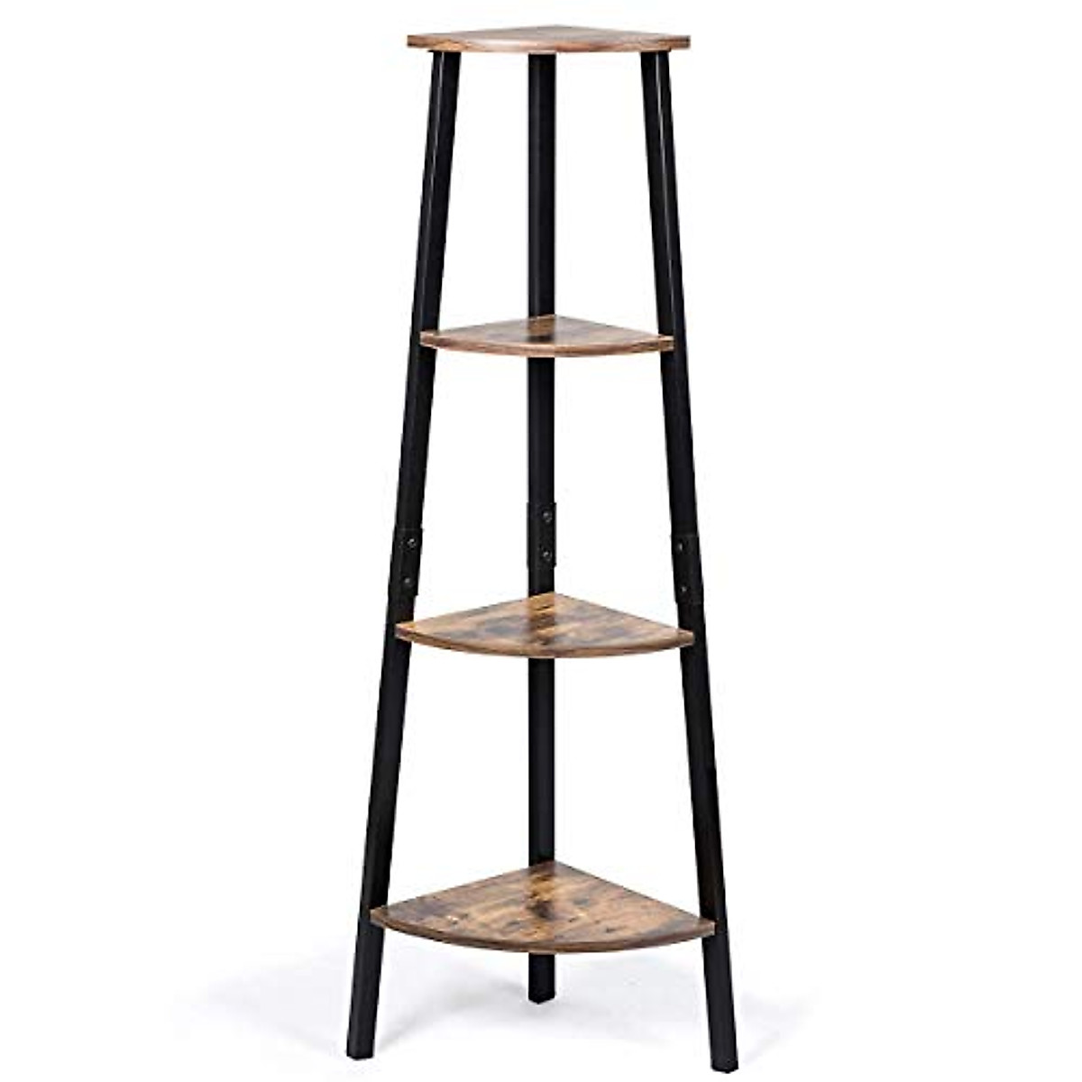 Tangkula Industrial Corner Shelf, 4-Tier Ladder Bookshelf, Metal Frame Storage Rack, Bookcase, Plant Stand, Multipurpose Accent Furniture for Home Office, Display Corner Shelf (Rustic Brown)