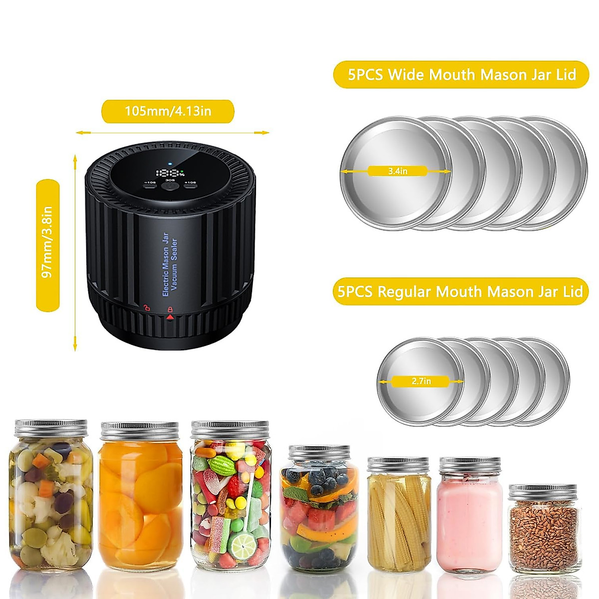 Electric Mason Jar Vacuum Sealer Kit for Wide Mouth and Regular Mouth Mason Jars, MEVERTRY Cordless Auto FoodSaver Vacuum Sealer, Canning Food Storage with LED Count-down Display