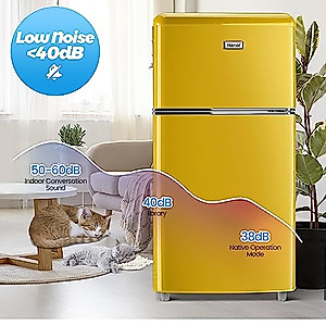 WANAI MIni Freezer 3.2 Cu.Ft Refrigerator 2 Door 7 Level Adjustable Thermostat Control Top-Freezer Refrigerator Lock Fresh Energy Saving Yellow