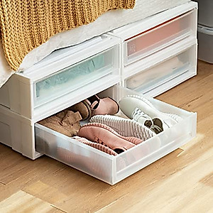 IRIS USA 27.5 Qt Plastic Under Bed Storage Containers with Sliding Organizer Drawers, 4 Pack, Stackable Storage Bins for Clothes, Linens and Shoes, White