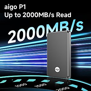 aigo External SSD 1TB Portable SSD Up to 2000 MB/s Read USB 3.2 Gen 2x2 USB-C USB-A External Solid State Drive Dust-Resistant Type-C Smartphone Windows PS5 Xbox PS4