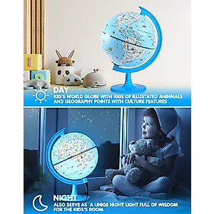 JOWHOL 8'' Illuminated Globe for Children with 100s Interesting Animal Illustrations - Built-in LED Night Light, World Globe for Kids Learning and Educational Toys Gifts for Boys & Girls, Ages 4+