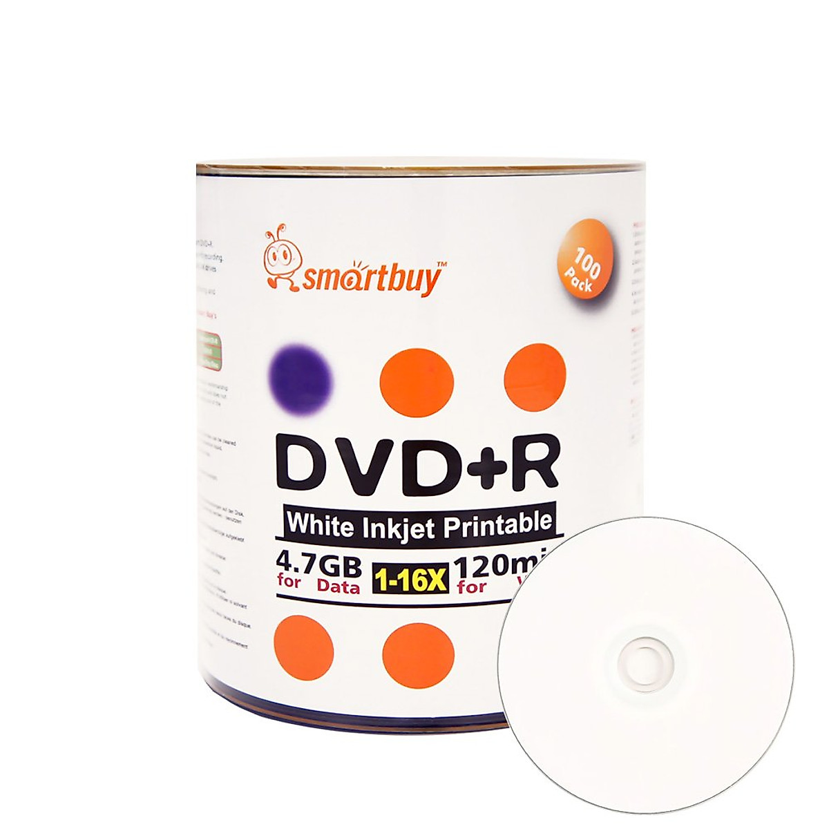 Smartbuy 100-disc 4.7gb/120min 16x DVD+R White Inkjet Hub Printable Blank Data Recordable Media Disc