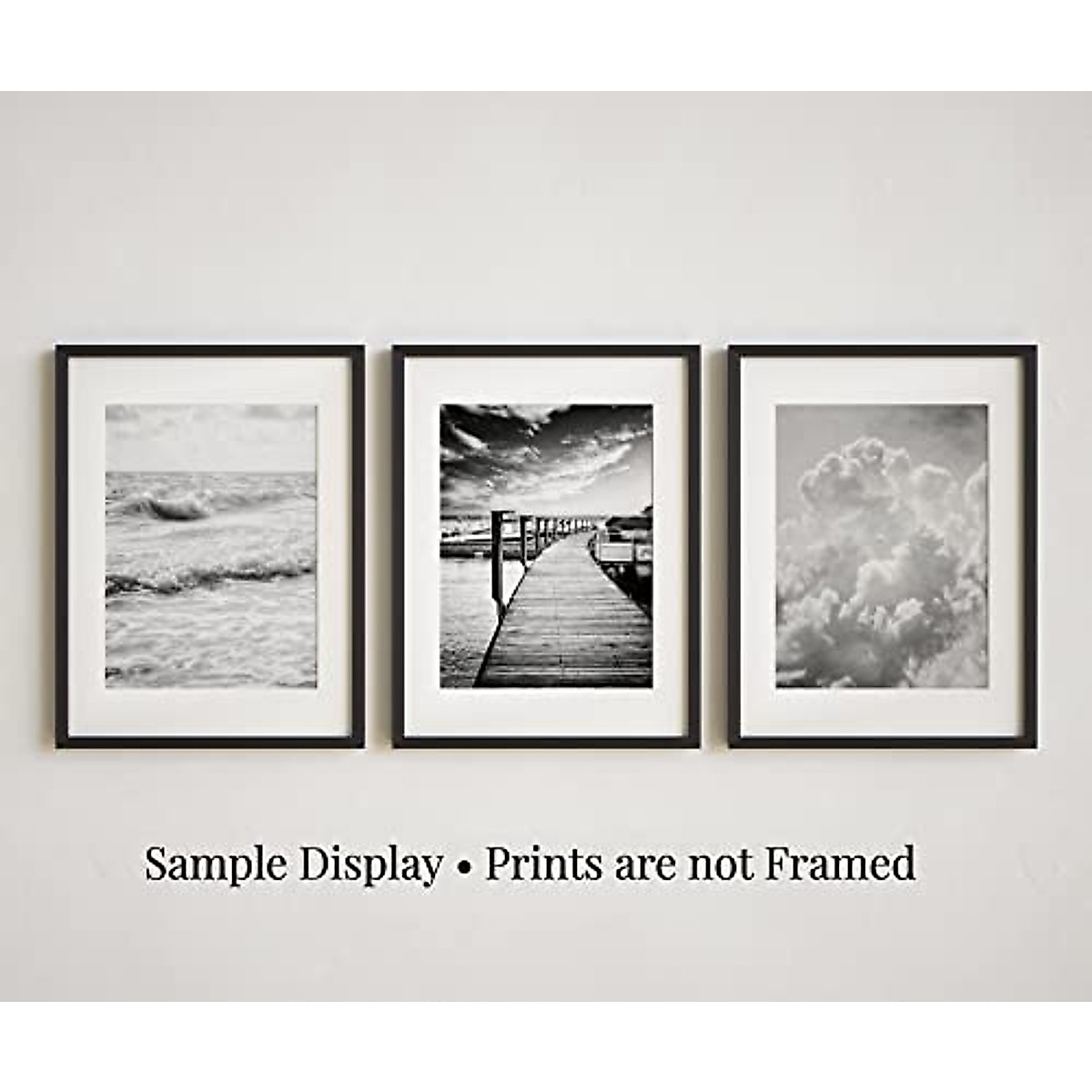 LISA RUSSO FINE ART Black and White Wall Art Set of 3 5x7” Prints, Unframed, Black and White Minimalist Ocean, Clouds, Nautical Pictures for Office, Bedroom, Bathroom Walls