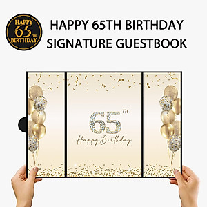DARUNAXY Black Gold 65th Birthday Party Decorations, Happy 65th Birthday Alternative Signature Guest Book for Men Women Cheers to 65 Years Old Gifts 65 Birthday Signing Card Board Party Supplies