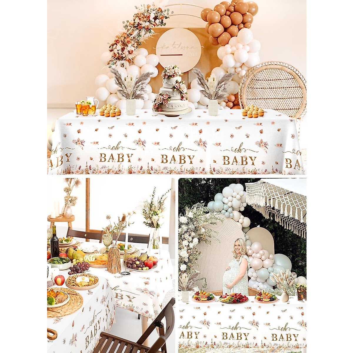 Lopeastar 3Pcs Boho Baby Shower Decorations Tablecloths, Bohemian Pampas Grass Floral Oh Baby Table Cloths, 58 x 108 Inch Large Rectangular Boho Table Covers Party Supplies for Girls Kids