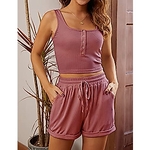 MEROKEETY Women's Summer Ribbed Pajama Set Crop Top and Shorts Sleeveless Lounge Outfits Sets with Pockets Maroon