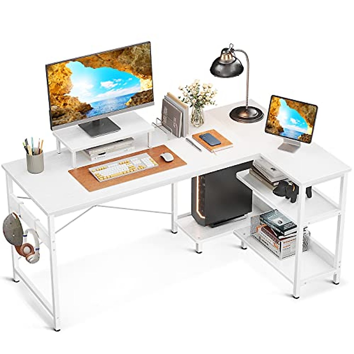 ODK Small L Shaped Computer Desk with Reversible Storage Shelves, 58 Inch Corner Desk with Monitor Stand for Small Space, Modern Simple Writing Study Table for Home Office Workstation, White