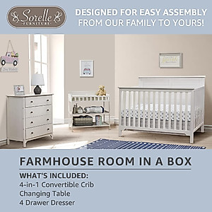 Sorelle Furniture Farmhouse 3-Piece Nursery Set with 4-in-1 Convertible Crib, 4-Drawer Dresser, and Changing Table with Shelves, Baby Furniture Made of Wood, Non-Toxic Finish-Weathered White