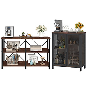 BON AUGURE 3 Tier Rustic Console Table with Shelves and Farmhouse Coffee Bar Cabinet, Wood and Metal Furniture Set for Living Room, Kitchen, Dining Room (Rustic Oak)