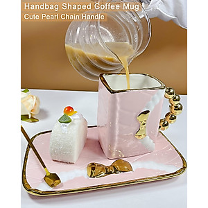 SISETOP Handbag Shaped Mug and Saucer, 10.5 OZ Purse Coffee Mug Set, Handmade Cute Mugs with Spoon & Pearl Beaded Handle, Porcelain Coffee Cups for Women, Girls, Birthday, Christmas, Gift, Pink