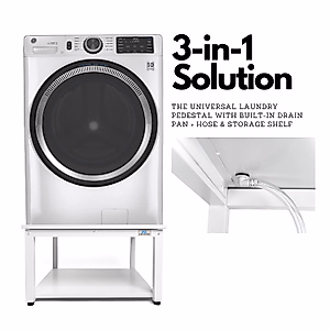EZ Laundry | Upgraded 29” Universal Laundry Pedestal – 700lbs Capacity, Raises 16” with Built-in Drain Pan + Hose, Adjustable Feet, Anti-Vibration, Steel & Storage Shelf for Washer & Dryer (White)