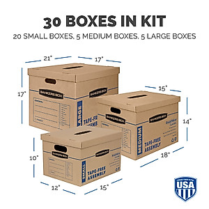 Bankers Box SmoothMove Classic Moving Boxes, 30 Pack Small, Medium, and Large Box Kit, Tape-Free Assembly, Easy Carry Handles