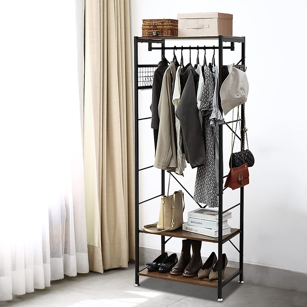 KELIXU Freestanding Coat Rack with Shoe Storage, Industrial Hall Tree Entryway Closet Organizer Shelf and Hooks, Closet Garments Shelf on Wheels for Hallway, Bedroom(Rustic Brown)