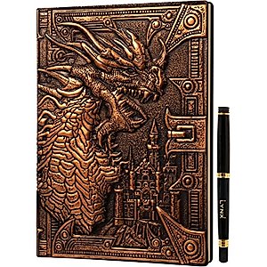 DND Notebook / Journal, Unique 200 Page Book with 3D Bronze Dragon Embossed Faux Leather Cover with Pen- Ideal for Dungeons & Dragons / D&D. Great RPG Accessories Nerdy Fantasy Gift for DM's & Players, Men or Women.