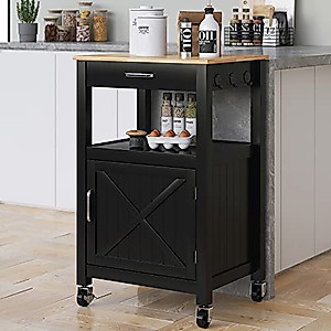 Rolling Kitchen Island Cart with Storage, Farmhouse Kitchen Cart on Wheels, Kitchen Cabinet with Barn Door and Drawer for Dining Room, Wood Top & Side Hooks, 36” H, Black