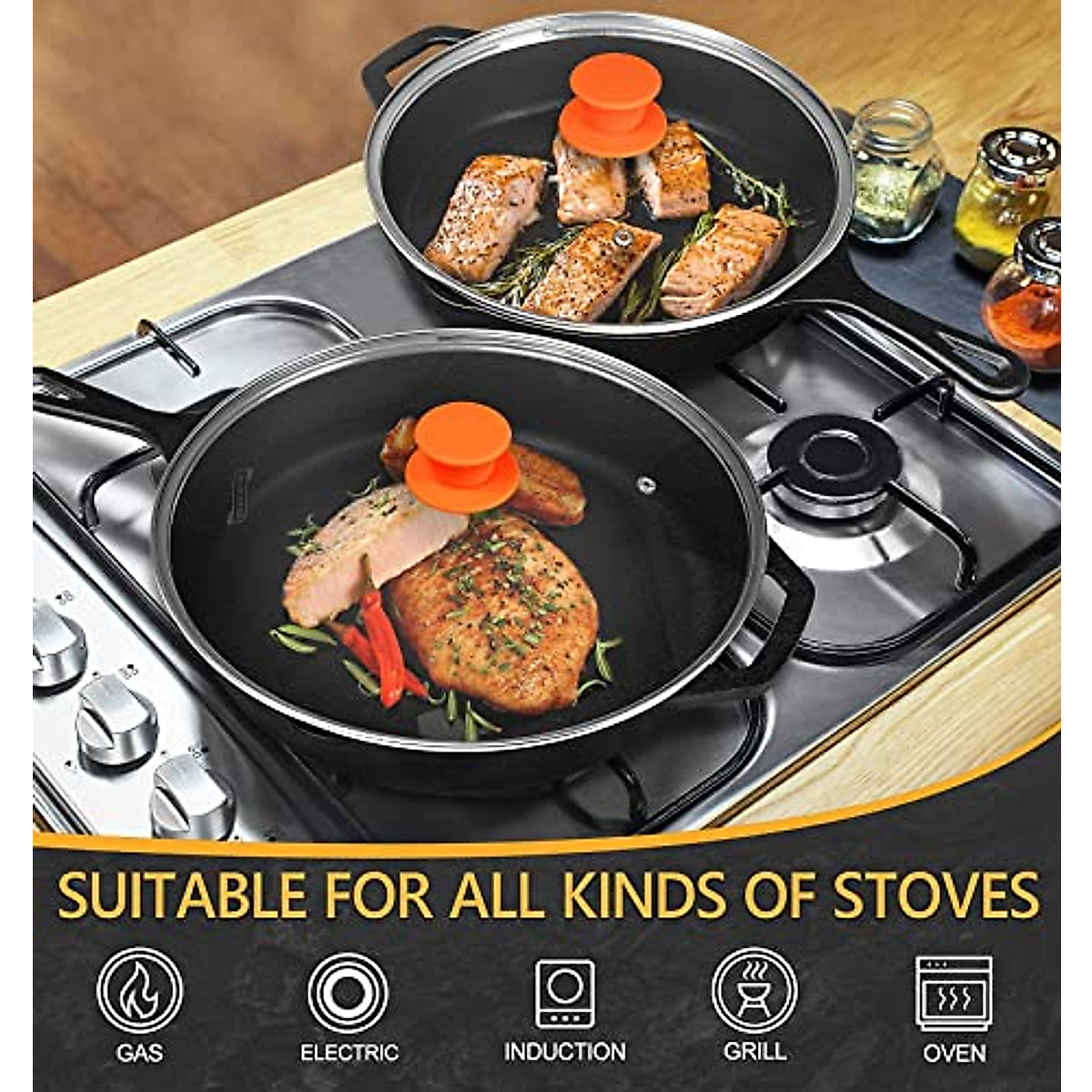MICHELANGELO Cast Iron Skillet Set 8 Inch & 10 Inch &12 Inch, Preseasoned Cast Iron Skillets With Lid, Iron Skillets for Cooking with Silicone Handle & Scrapers, 8'' & 10" & 12"