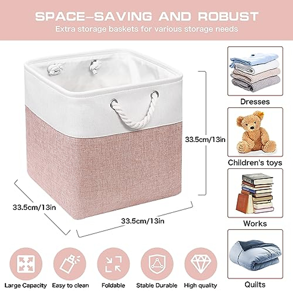 AUSSIY Cube Storage Bin, Collapsible Fabric Storage Bins With Handles, For Clothes Storage, Toys, Book , 13×13×13inches, Pack of 6 (White Pink)