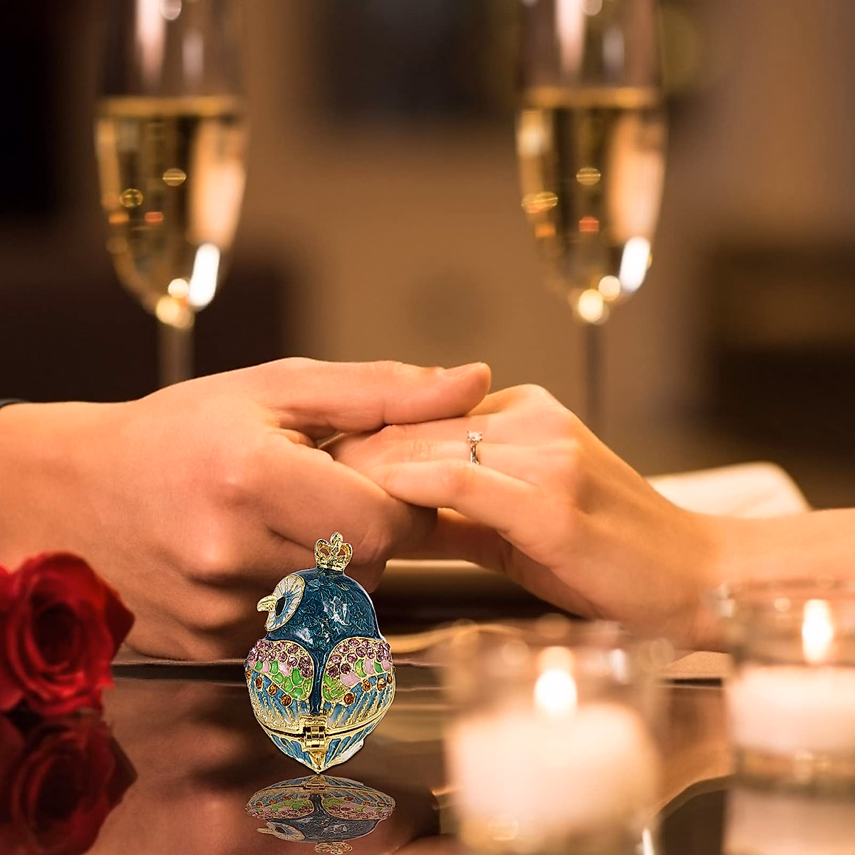 VOSAREA Owl Trinket Box Hand Painted Metal Hinged Jewelry Box Enameled Crystals Rings Earrings Necklace Storage Container Animal Figurine Collectible for Home Decor Blue