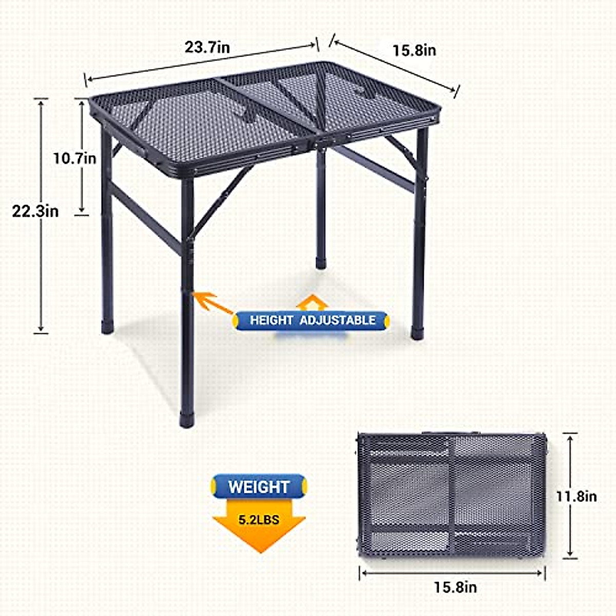 Nice C Table for Grill, Outdoor Picnic Folding Camping Table, Card Table Adjustable Height, Portable Mesh Bag Lightweight, Carry Handle for Outdoor, Beach, Indoor  (23.7” x 15.8” x 10.7”/22.3” Black)