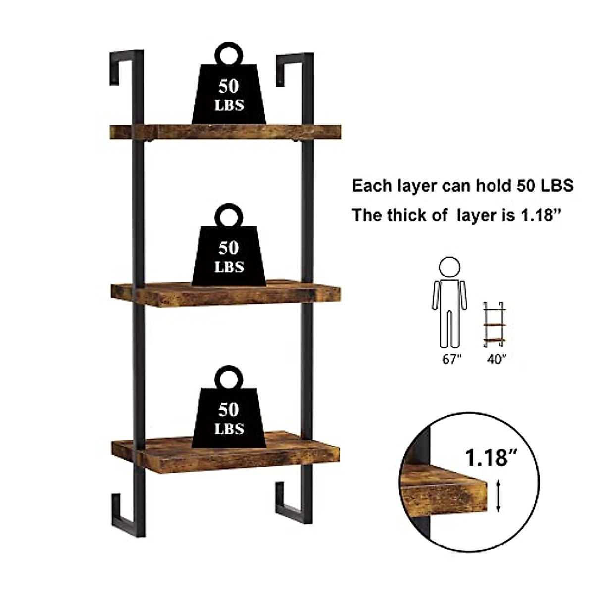 FUSUNBAO Floating Shelves, Wall Shelves for Living Room,Bathroom,Kitchen,Bedroom,3-Tier Shelves for Books/Storage/Wall Decor with 50lbs Capacity(Antique Brown 16inch)