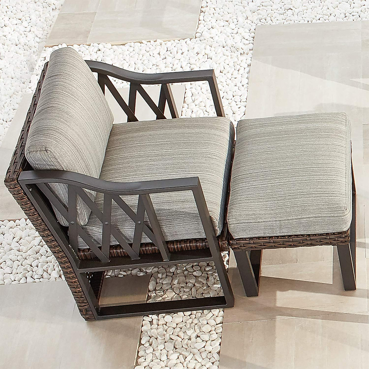 PatioFestival Patio Ottoman Outdoor Cushioned Wicker Foot Stool with All Weather Galvanized Steel (Grey, 23.6" W x 23.6" D x 13.7" H)