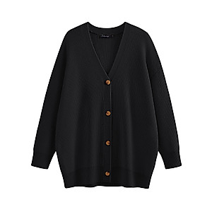 LILLUSORY Women Oversized Cardigan Sweater Fall Outfits Cloth Fashion 2024 V Neck Long Cashmere Knit Button Front Trendy Tops Black