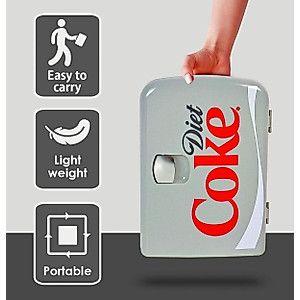 Coca-Cola Diet Coke 4L Mini Fridge Cooler/Warmer 12V DC 110V AC 6 Can Portable Personal Travel Refrigerator for Snacks Drinks Cosmetics Desk Home Office Dorm Gray with Iconic Design & Chrome Accents