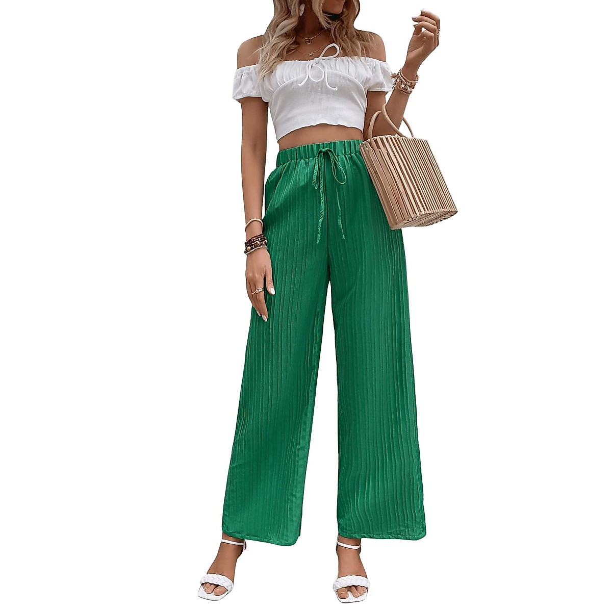 SweatyRocks Women's Boho Elastic Waist Pleated Pants Wide Leg Palazzo Pants Loose Trousers Solid Green XL