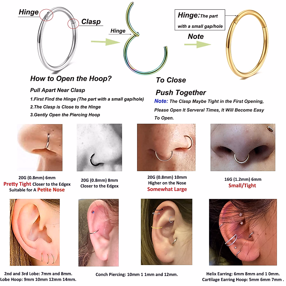Lantine Gold Hinged 20g Cartilage Earring Hoop Nose Rings 6mm 8mm 10mm Set Clicker Triple Double Forward Helix Hoops Earrings(3Pcs a Set)