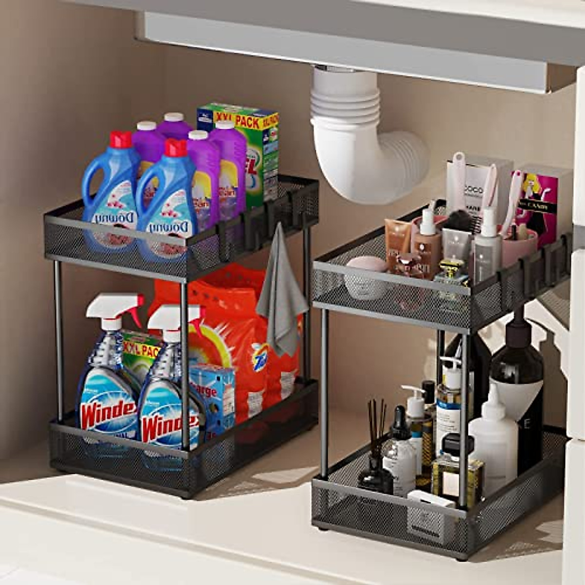 Under Sink Organizers and Storage, Bathroom Cabinet Organizer and Storage, 2 Tier Under Cabinet Organizers and Storage with 4 Hooks, Metal Kitchen Sink Storage Organizer with Non-slip Feet-2 Pack
