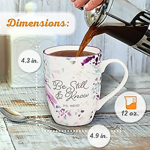 Christian Art Gifts Inspirational Ceramic Coffee & Tea Scripture Mug for Women: Be Still & Know Psalm Encouraging Bible Verse, Microwave & Dishwasher Safe Cute Cup, White, Purple & Teal Floral, 12 oz.