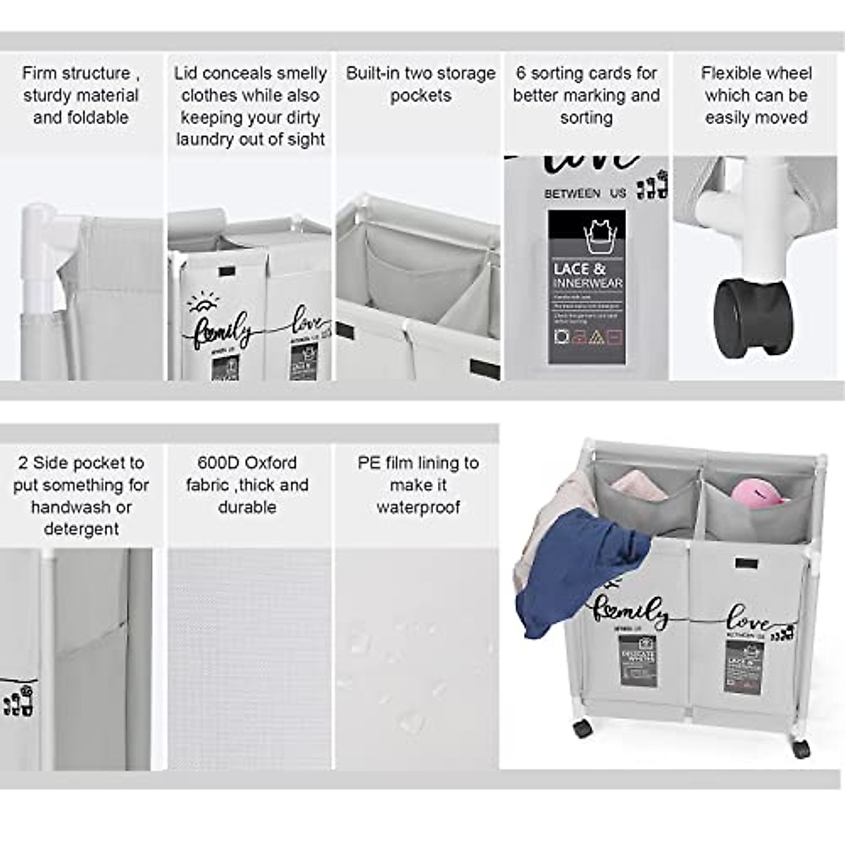 Laundry Sorter Cart with Lid, 110L 2 sections Oxford Cloth Laundry Hamper on Wheels, Laundry Basket for Family Dorm Room Clothing Throws Toys (22.6*13.6*26.6IN)