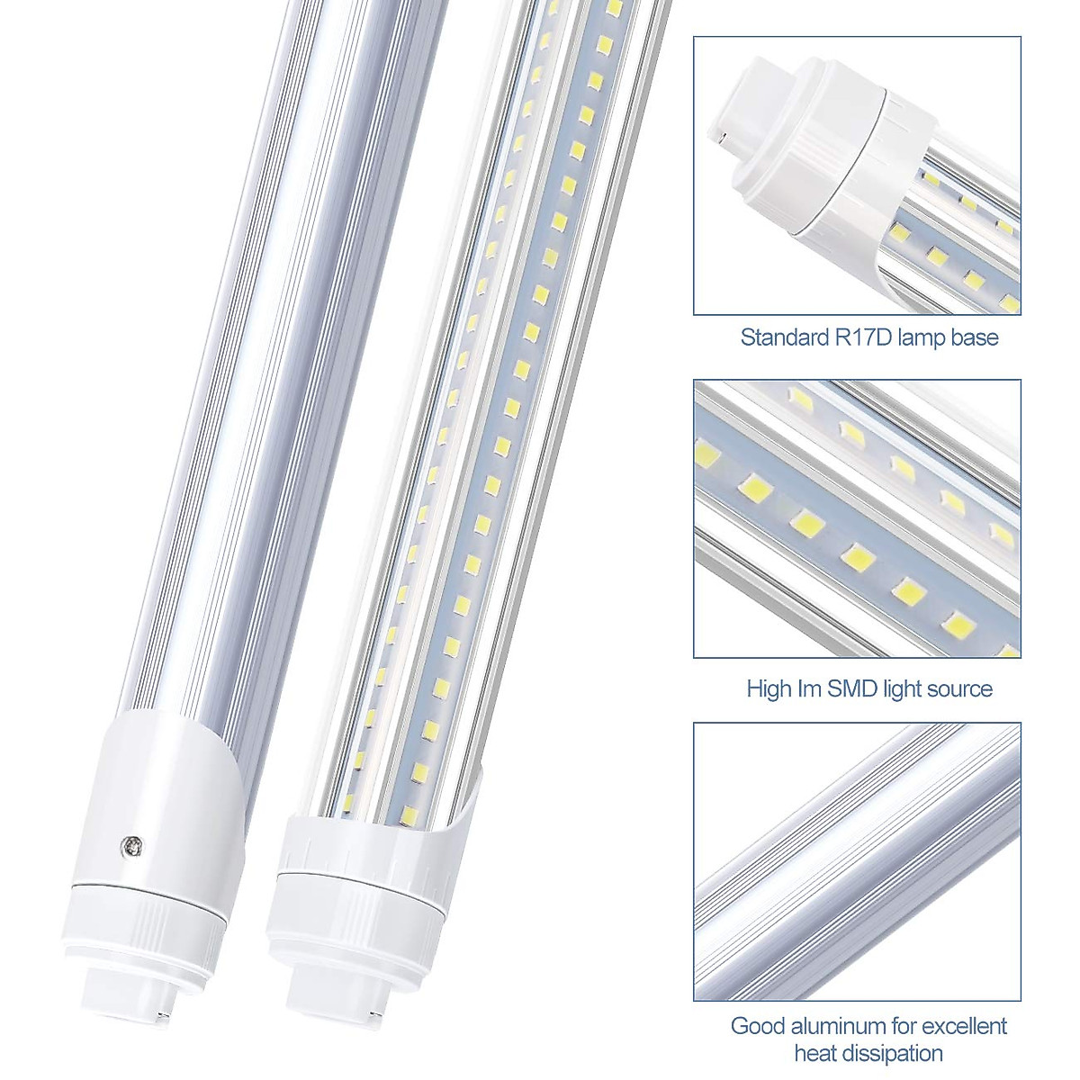 R17D LED Bulb Light 8FT, 90W T8 LED Tubes, 10000LM, Clean Cover, HO Rotatable End 8FEET 2 Pin Shop Light, 6000K, T8 T10 T12 Fluorescent Light Replacement, Ballast Bypass,Dual-End Powered (6-Pack)