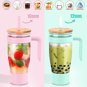 Hydraful 40 oz Glass Tumbler with Handle, Reusable Glass Tumbler with Straw and Lid, BPA Free Clear Glass Tumbler with Bamboo Lid, Fits In Cup Holder, Dishwasher Safe, Amber