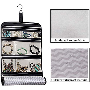 MISSLO Hanging Jewelry Organizer Travel Foldable Jewelry Roll Storage Case with 14 Cotton Zippered Pockets for Traveling, Closet, Suitcase