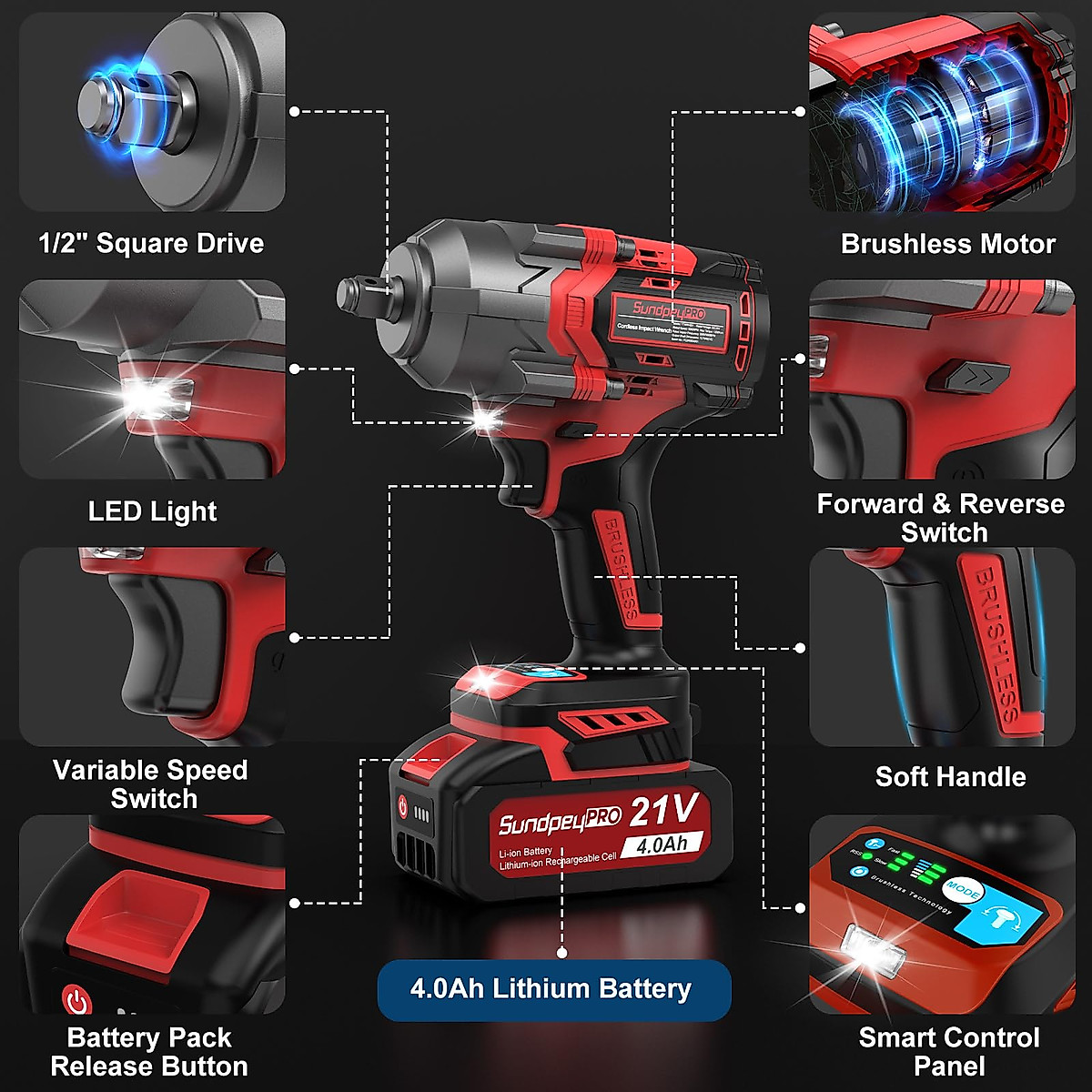 SundpeyPRO Cordless Impact Wrench 900Ft-lbs(1200N·m) - 21V 1/2" Brushless Power Impact Driver with 2 * 4.0Ah Batteries - 3200RPM High Torque Electric Impact Gun with Sockets & Fast Charger & Case