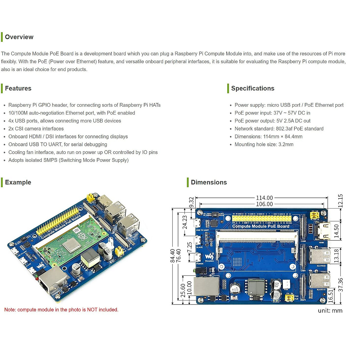 Waveshare Compute Module IO Board with PoE Feature Composite Breakout Board for Developing with Raspberry Pi CM3 / CM3L / CM3+ / CM3+L