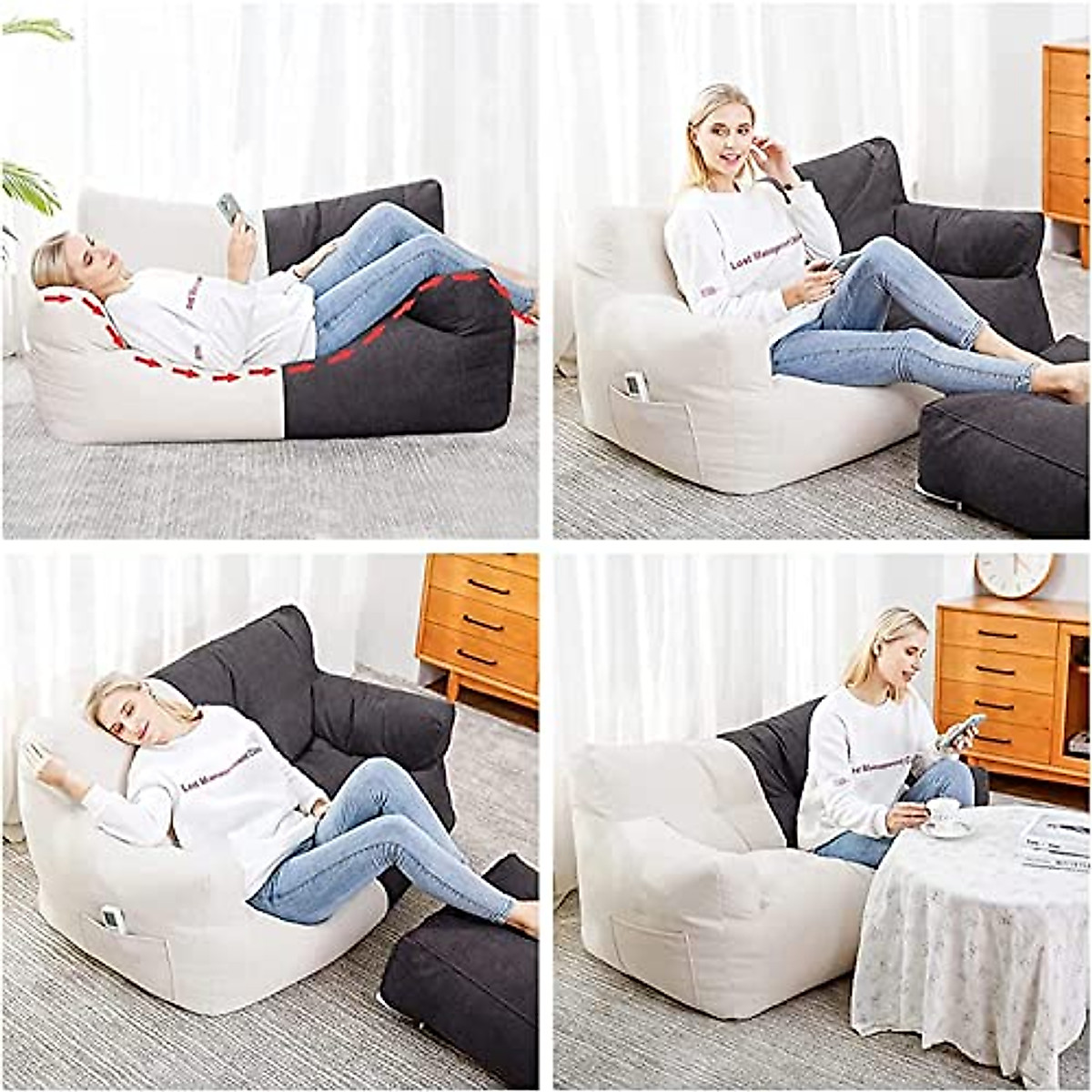 OMKUOSYA Double Bean Bag Chair Lazy Sofa w/Footstool (Cover ONLY, NO Filler) Durable Comfort Lounger High Back Bean Bag Chair Couch for Adults and Kids, Indoor & Outdoor, Beige