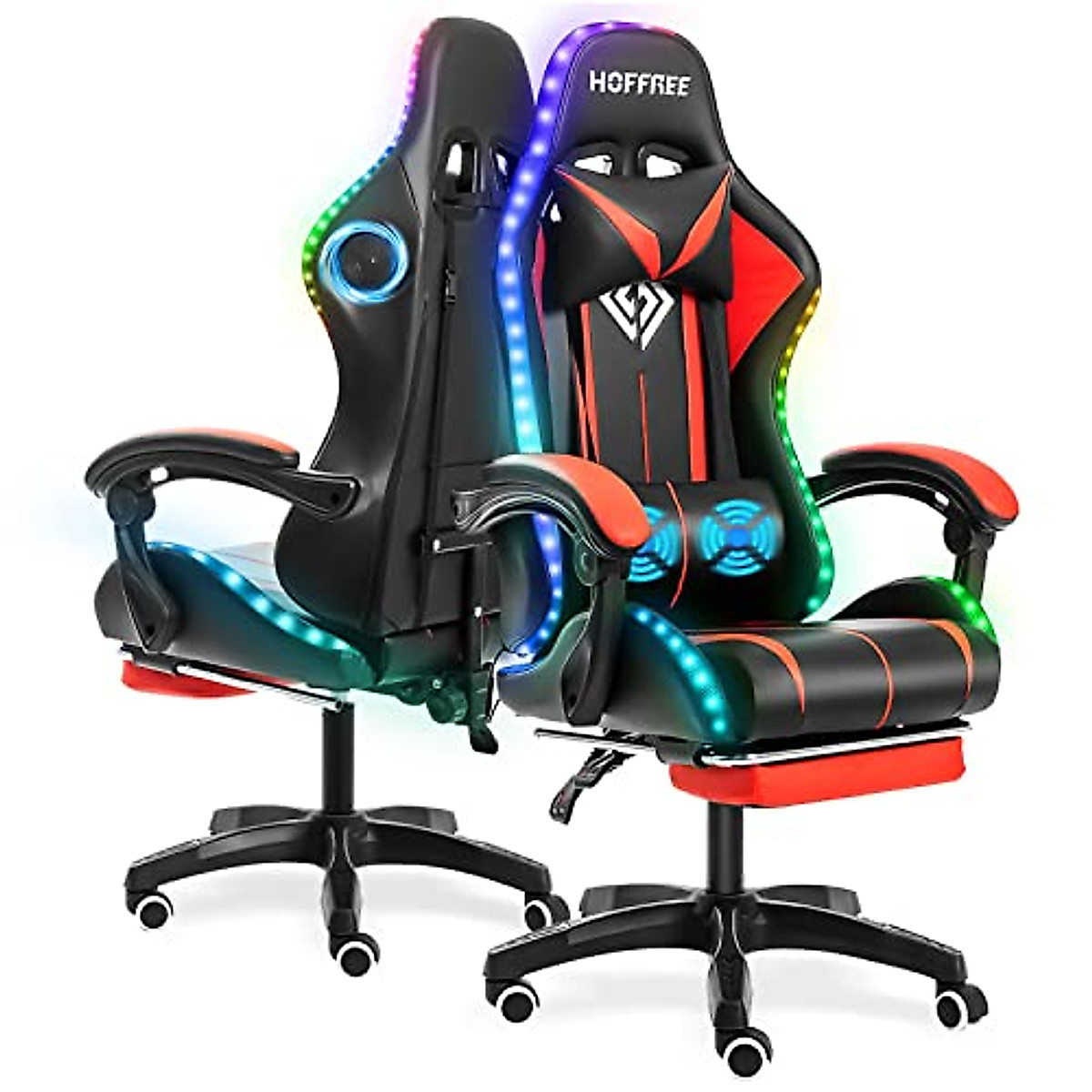 HOFFREE Gaming Chair with Bluetooth Speakers and Lights Ergonomic Computer Massage Gaming Chair with LED RGB Lights Footrest High Back Music Video Game Chair with Lumbar Support Red and Black