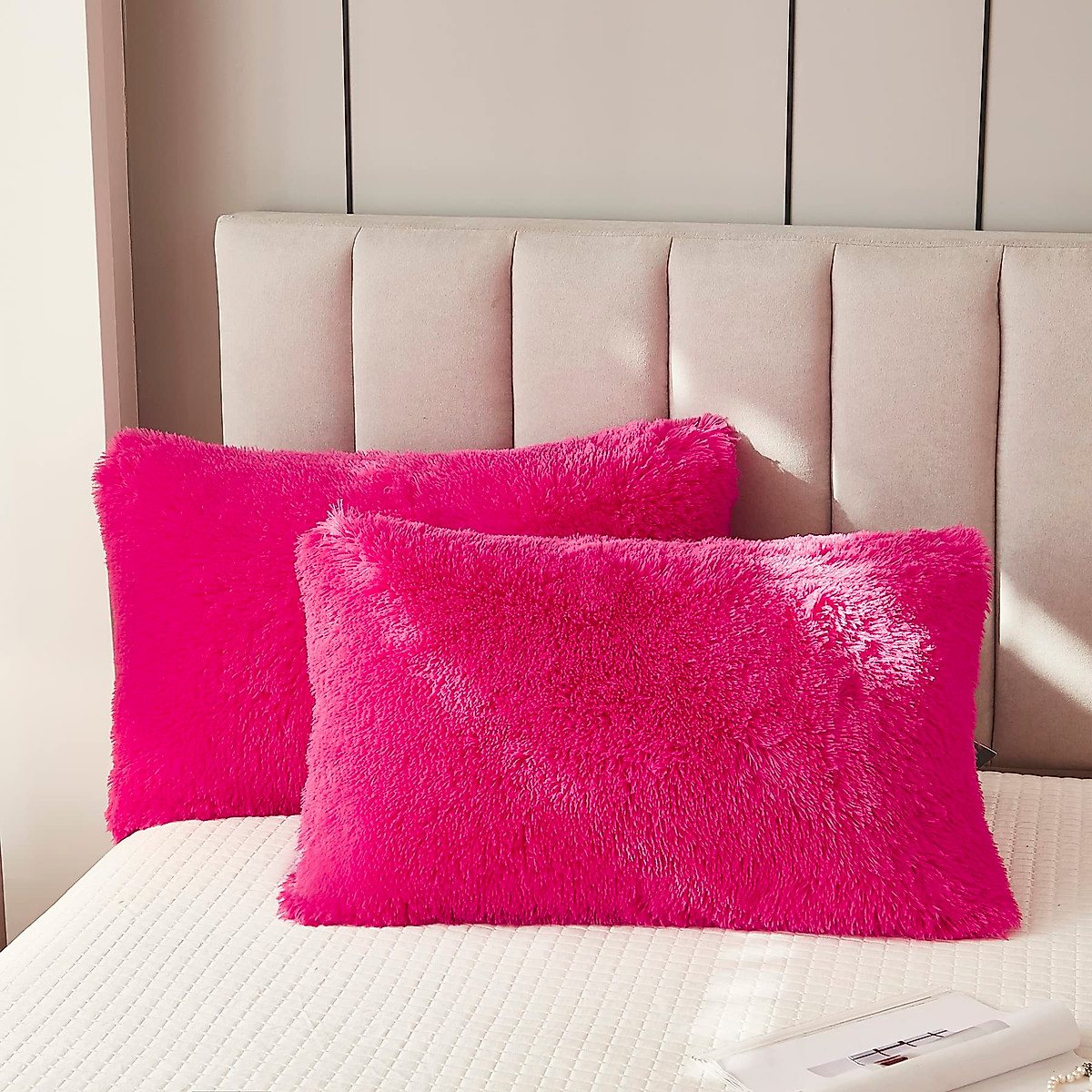 Uhamho Faux Fur Velvet Fluffy Bedding Duvet Cover Set Down Comforter Quilt Cover with Pillow Shams, Ultra Soft Warm (Queen, Hot Pink)