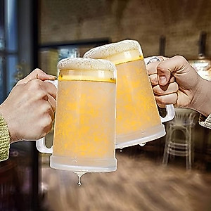 Fasmov Freezer Beer Mugs, 4 Pack Clear Double Wall Gel Frosty Freezer Ice Mugs, Freezer Mugs With Gel Beer Mugs For Freezer, Plastic Beer Mugs With Handles for Parties and Gifts, 16oz