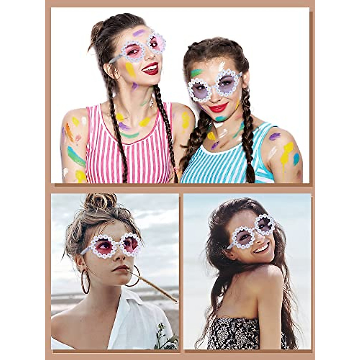 8 Pairs Daisy Sunglasses Disco Festival Sunglasses Fun Flower Sunglasses for Women Retro Floral Round Shape Sunglasses (Multi Colors)