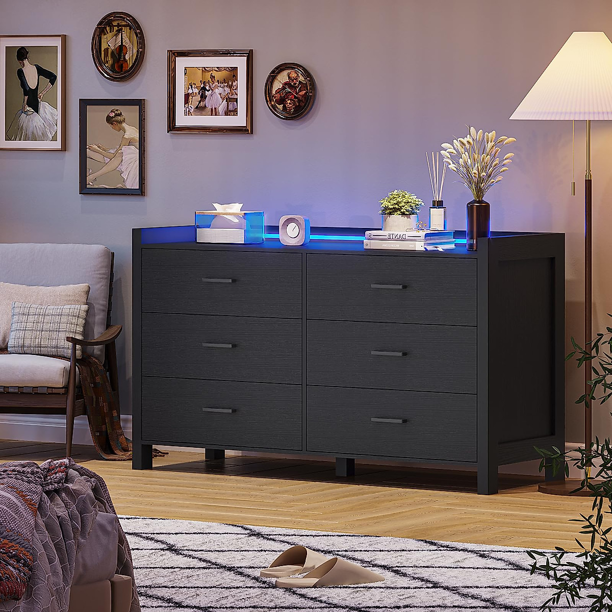 EPHEX Dresser for Bedroom, 6 Drawer Double Dresser with LED Lights, Wood Chest of Drawers, Modern Storage Dresser for Bedroom, Black