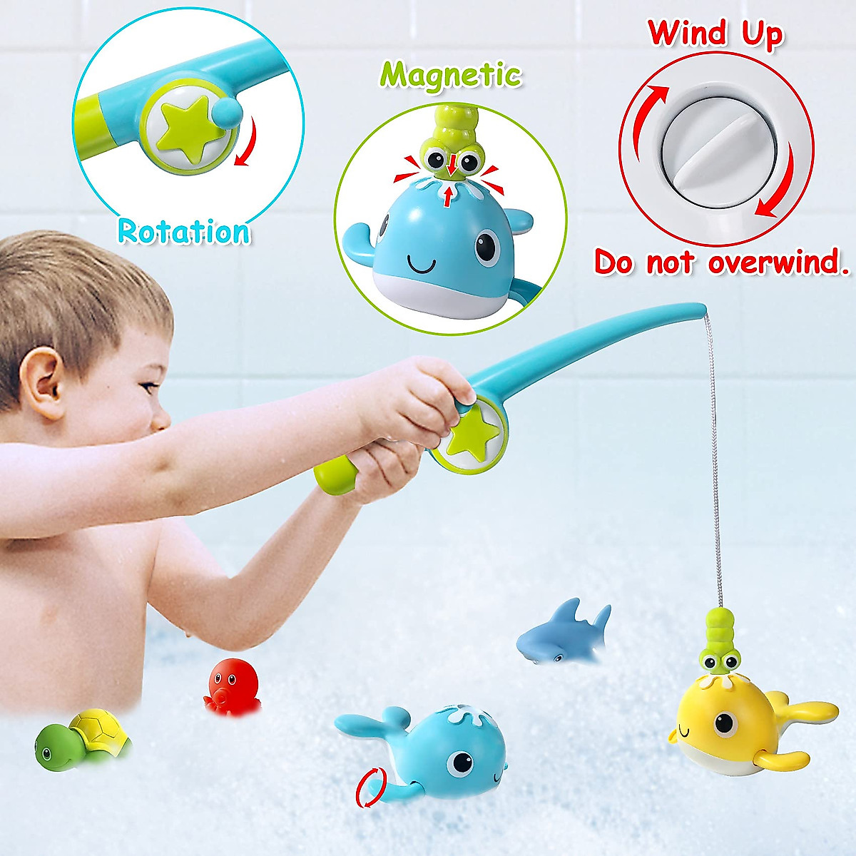 Bath Toys Fishing Game - Wind up Swimming Whales Bathtub Pool Water Table Toys with Fishing Pole Shark Net Floating Squirt Water Toys Gifts for Kids Boys Girls Toddlers Age 3 4 5 6 7 8+