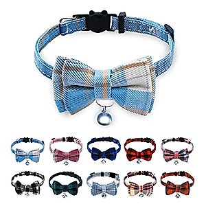 Breakaway Cat Collar with Cute Bow Tie and Bell, BuntyJoy Cat Collars for Girl Cats and Boy Cats, Safety Kitten Collars, Stylish Plaid Patterns, Light Blue, Pack of 1