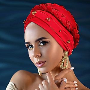 SATINIOR 6 Pieces Women African Turban Caps Twisted Braid Beaded Head Wraps Bonnet Beanie Headscarf Solid Color Elastic Wrap Cap for Women