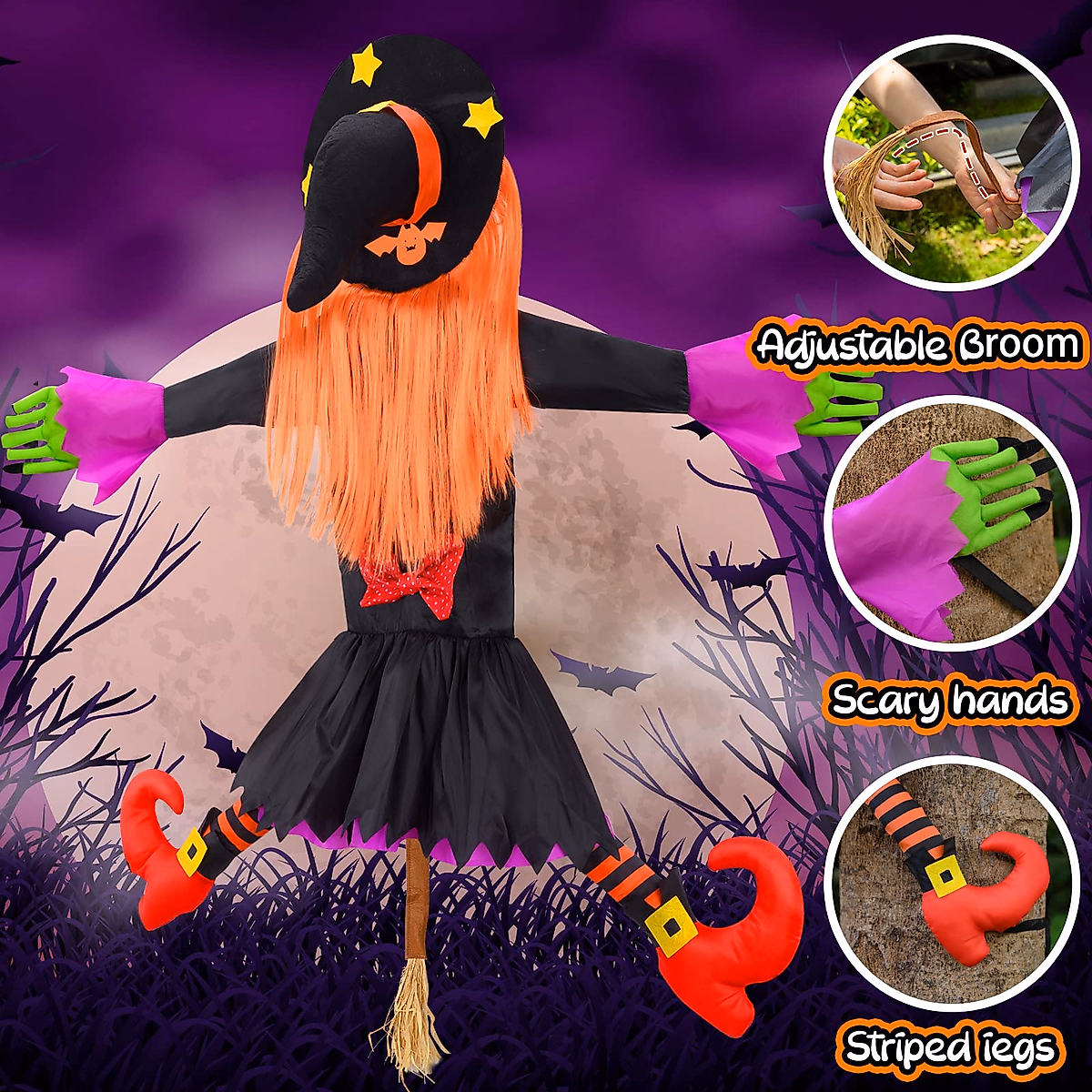 Large Crashing Witch Decor(55'' H), Halloween Decorations Clearance Outdoor Witch Props Ornaments, Hanging into Tree/Porch Pole/Door/Yard, with Adjustable Band, Outside Garden Funny Witches Crashed