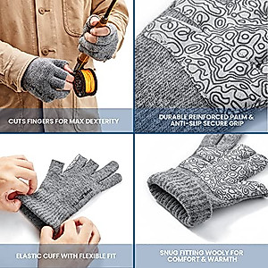 Palmyth Wool Fishing Gloves 3-Cut Fingers Warm for Men and Women Cold Weather Fingerless Gloves for Winter Fly Fishing, Ice Fishing, Photography and Hunting (Gray, L/XL)