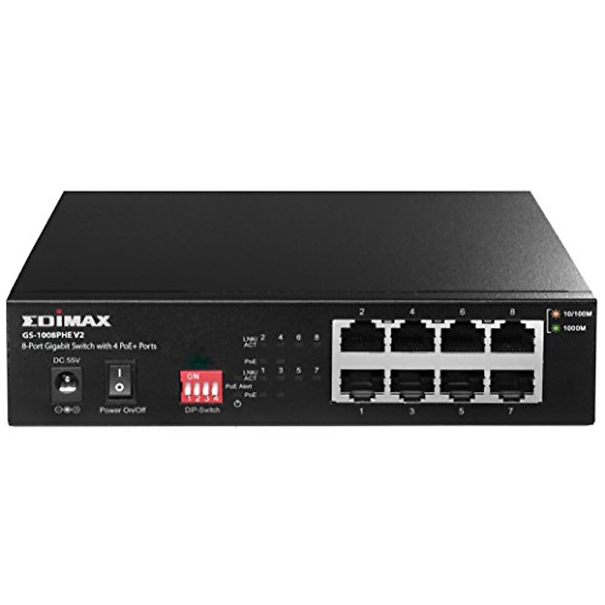 Edimax GS-1008PHE V2 Long Range 8 Port Gigabit Switch with 4 PoE+ Ports, Supports Long Range Up to 200M, Port-Base VLAN, QoS, Auto-detect PD, Total 60W with External Power Adapter